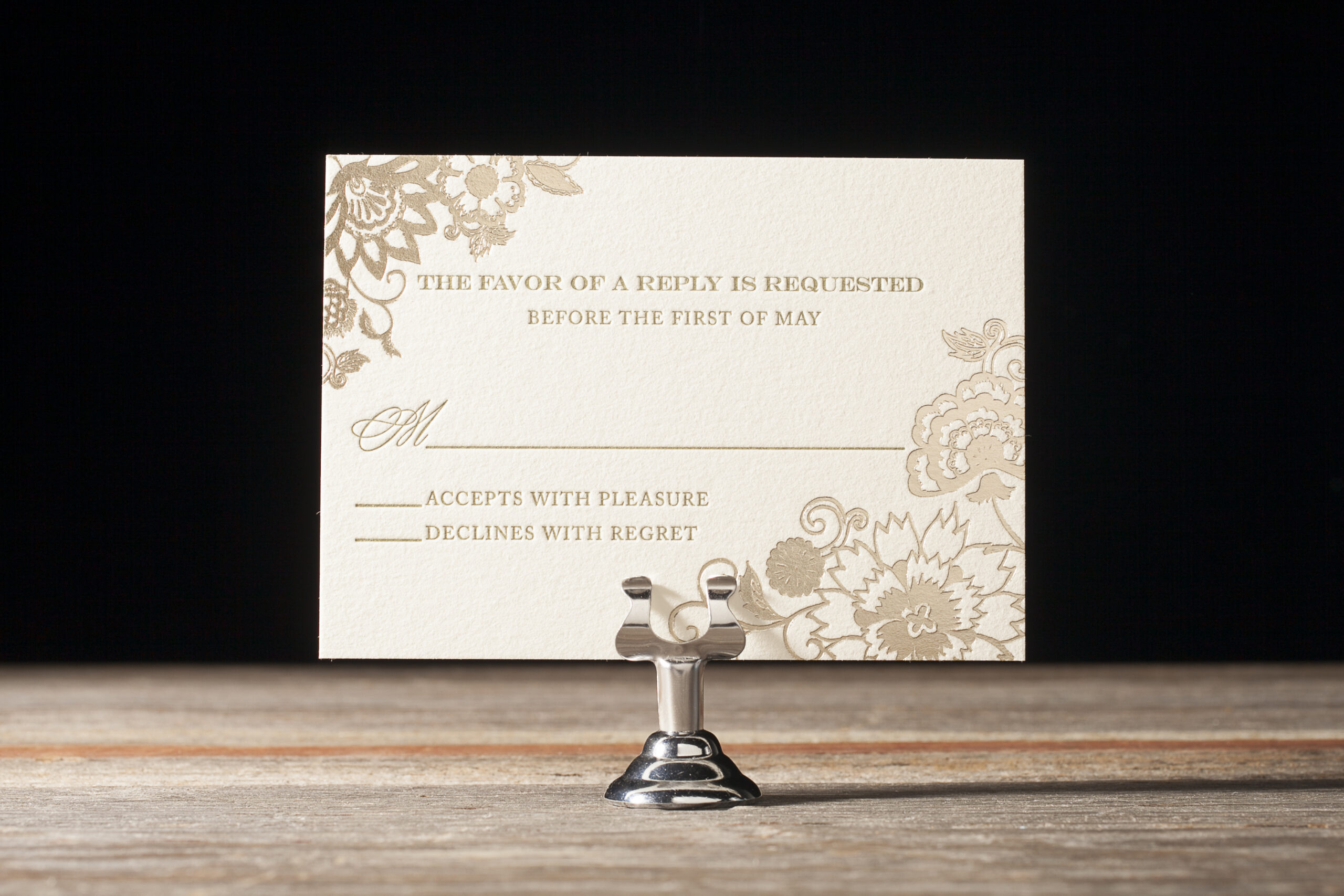 Coriander letterpress + foil stamped floral wedding invitations