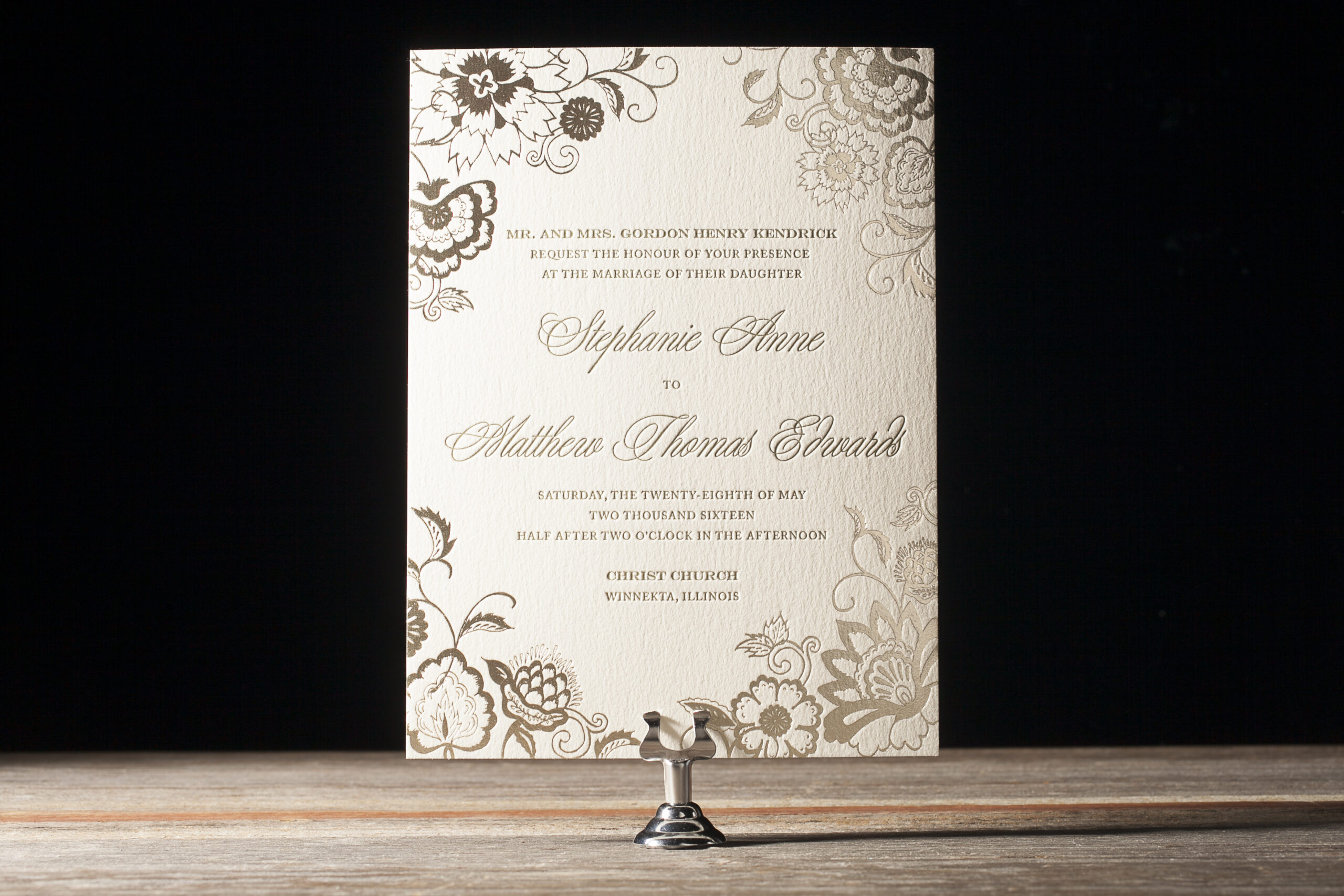 Coriander letterpress + foil stamped floral wedding invitations