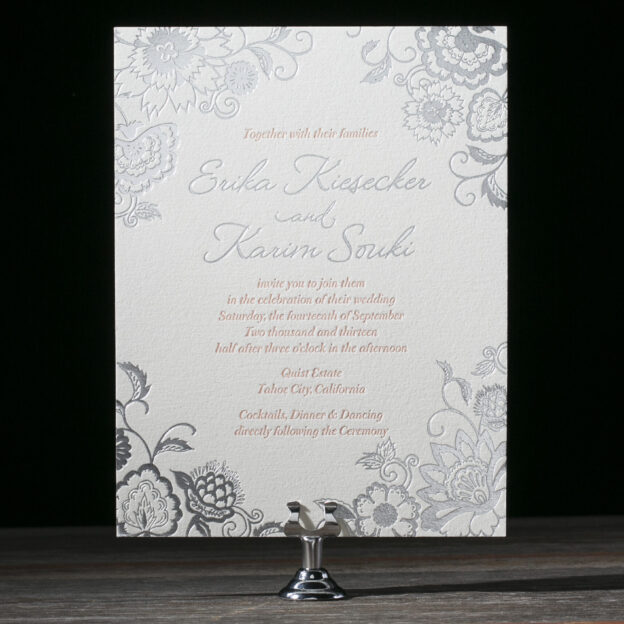 Coriander letterpress + foil stamped floral wedding invitations