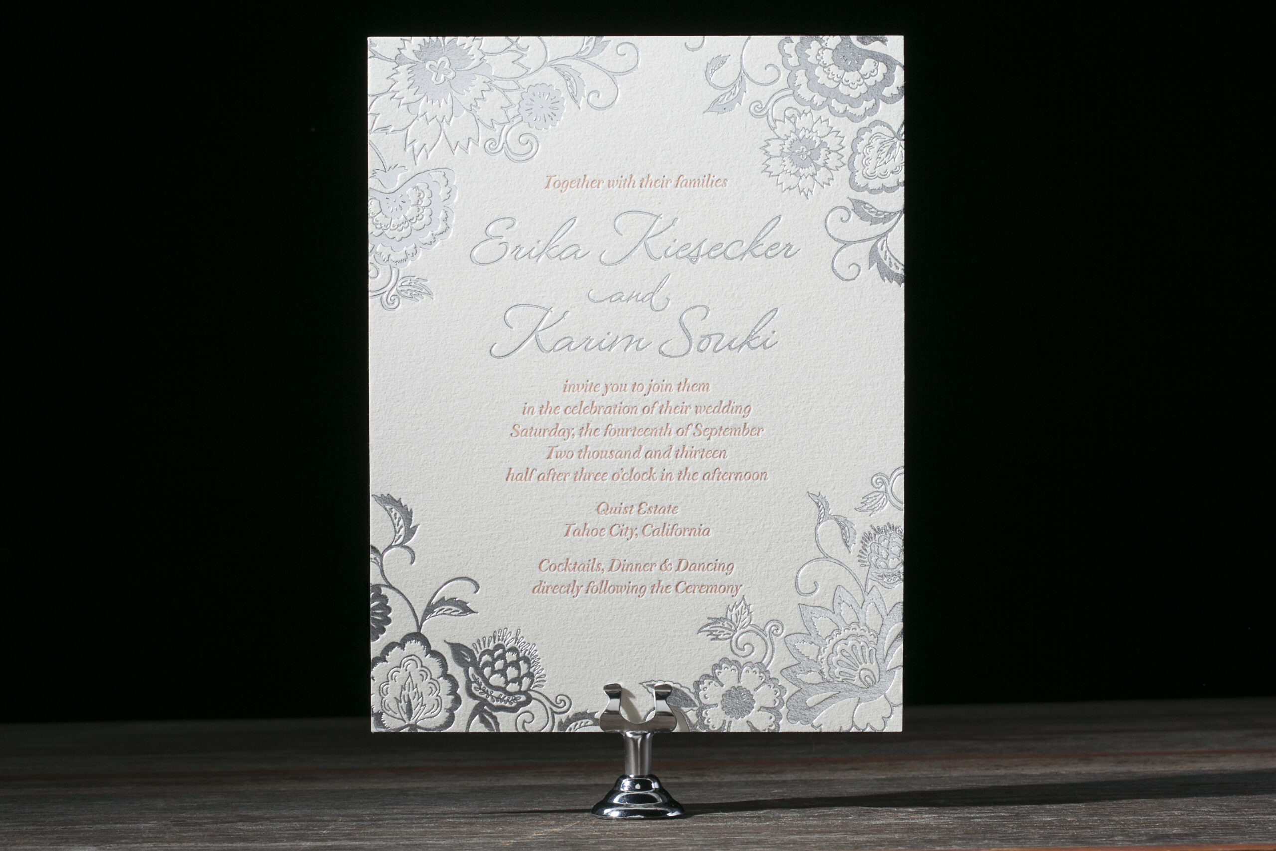 Coriander letterpress + foil stamped floral wedding invitations