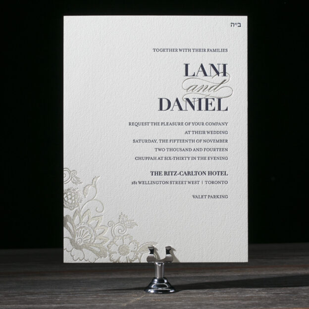 Coriander letterpress + foil stamped floral wedding invitations