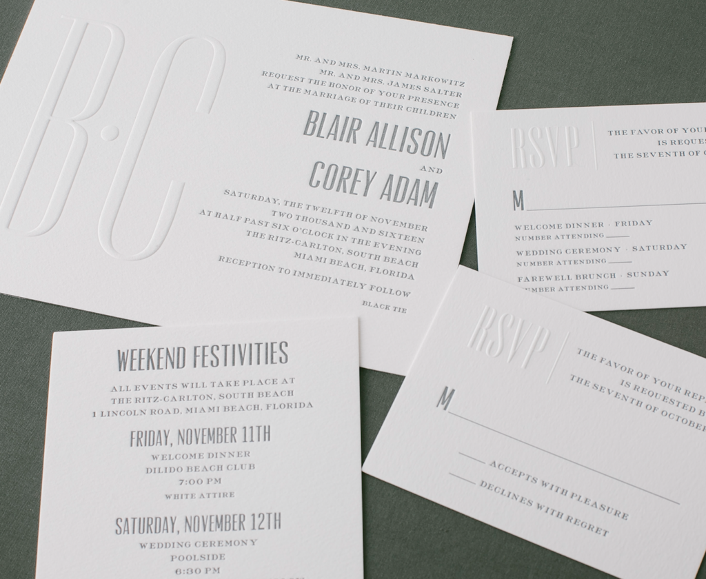 Gray + blind embossed typographic wedding invitations - Bella Figura