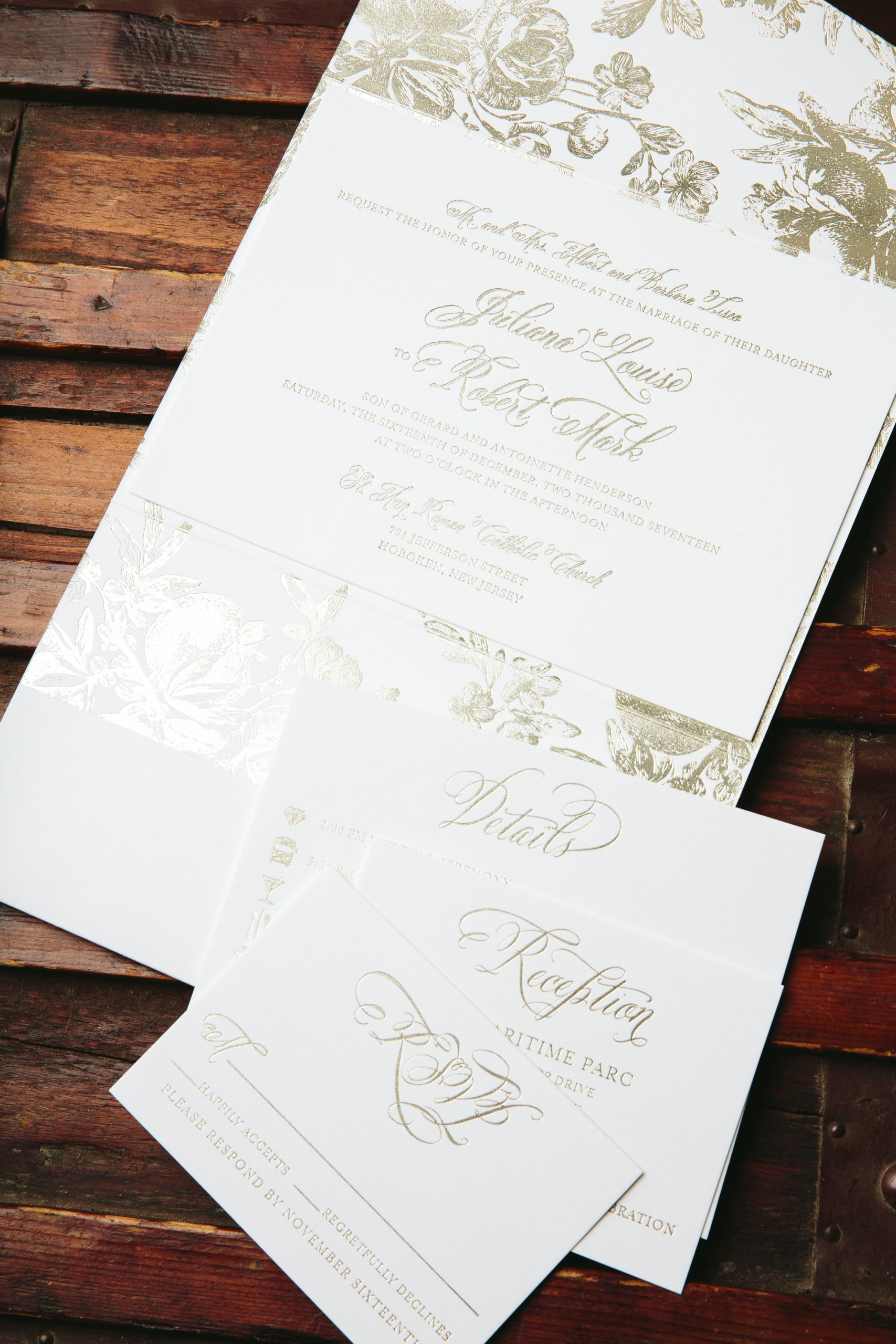 Traditional floral wedding invitations in tawny foil - Bella Figura