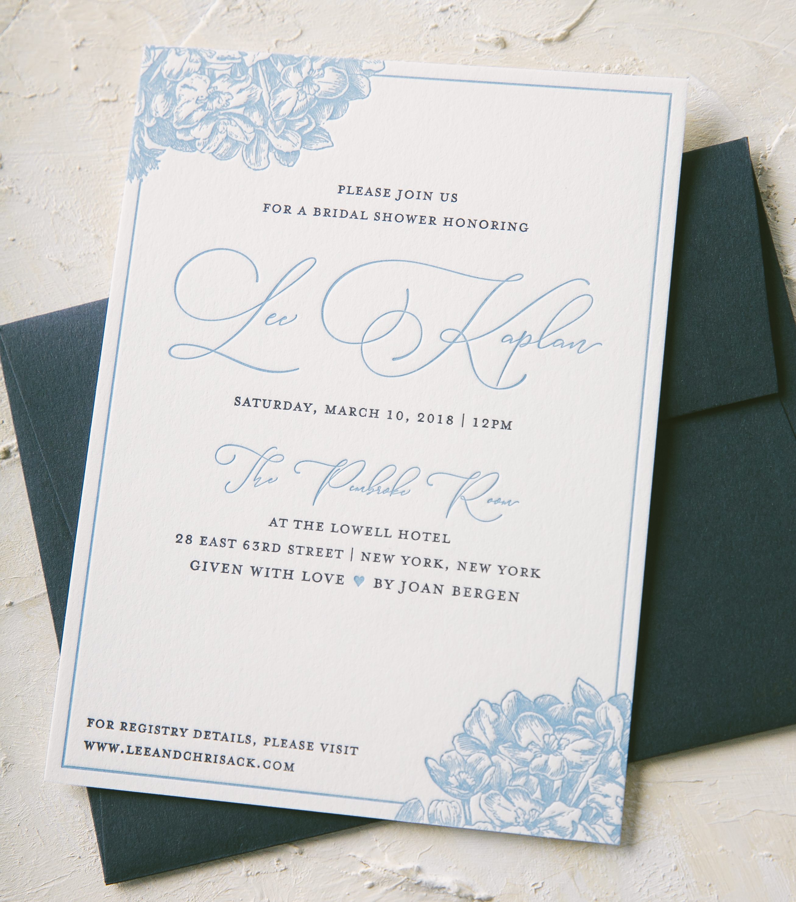 Romantic letterpress bridal shower invitations from Bella Figura