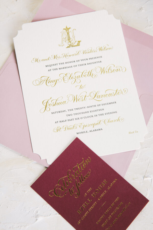 Gold shine wedding invitations with calligraphy accents
