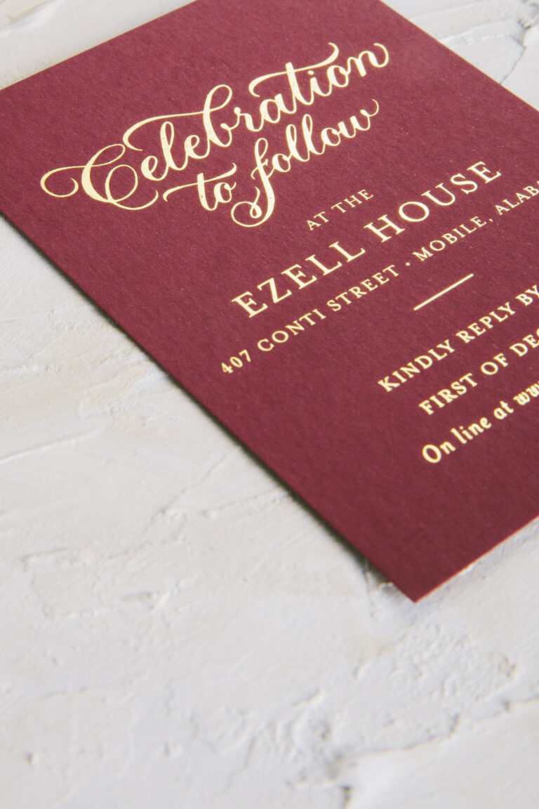 Gold shine wedding invitations with calligraphy accents