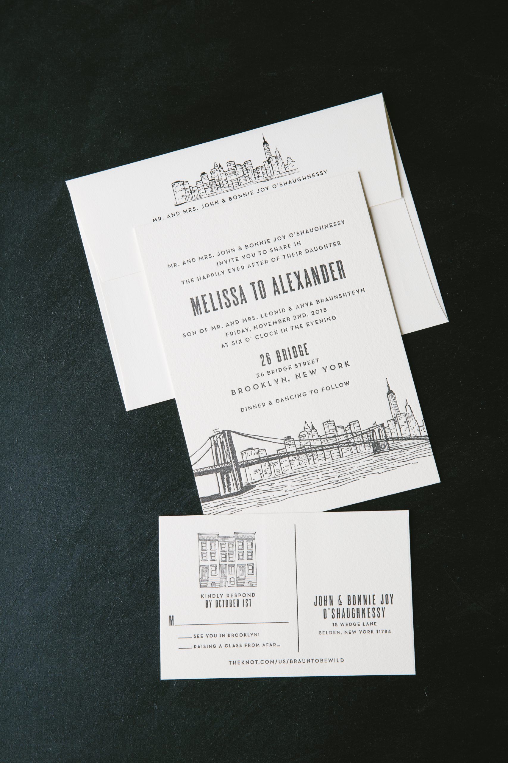 New York inspired letterpress wedding invitations with illustrations