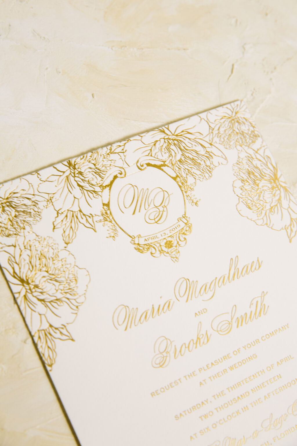 Floral gold foil wedding invitations for a Florida affair