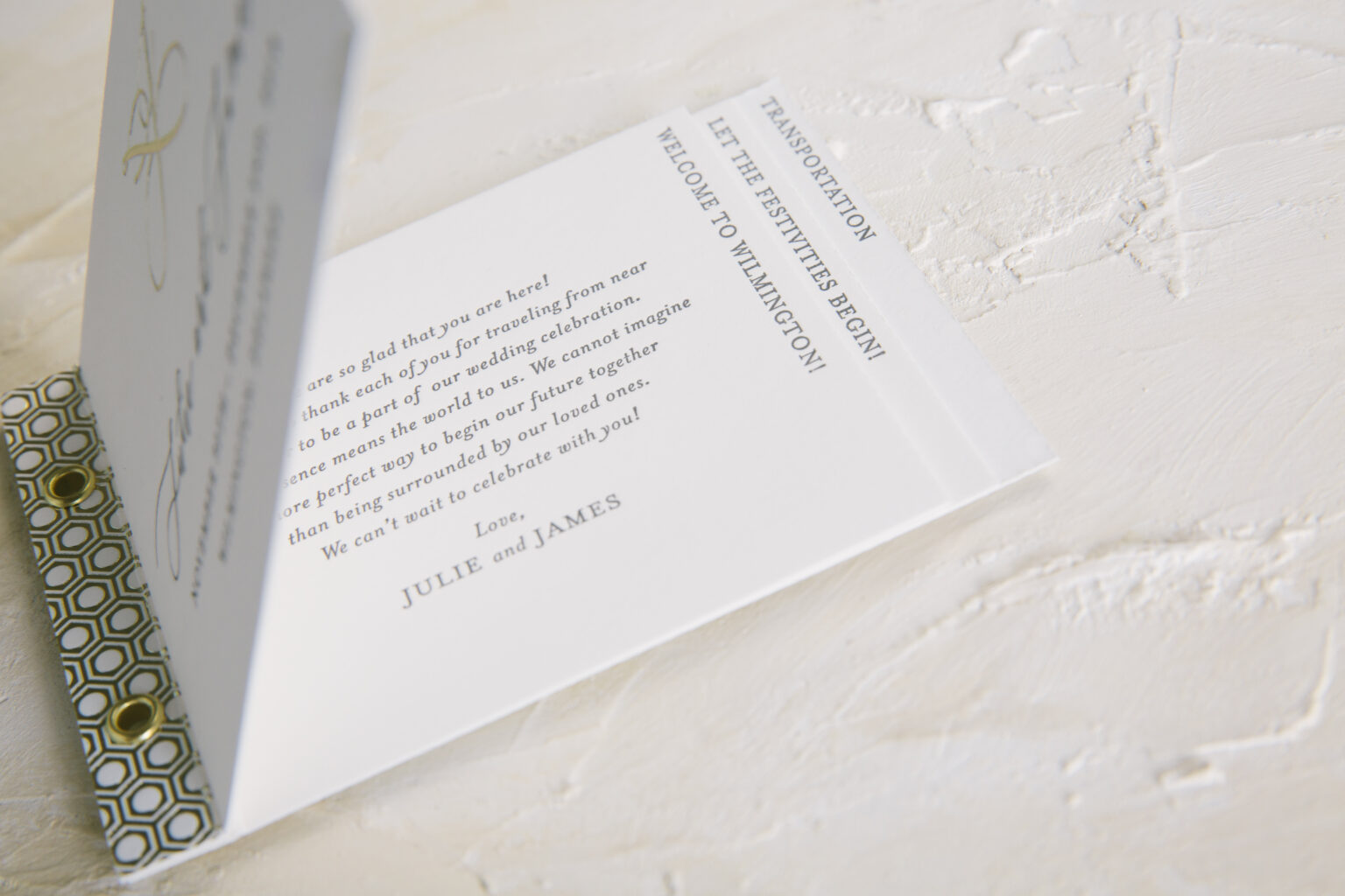 Foil welcome booklets for Julie of Fete Collection in Boston