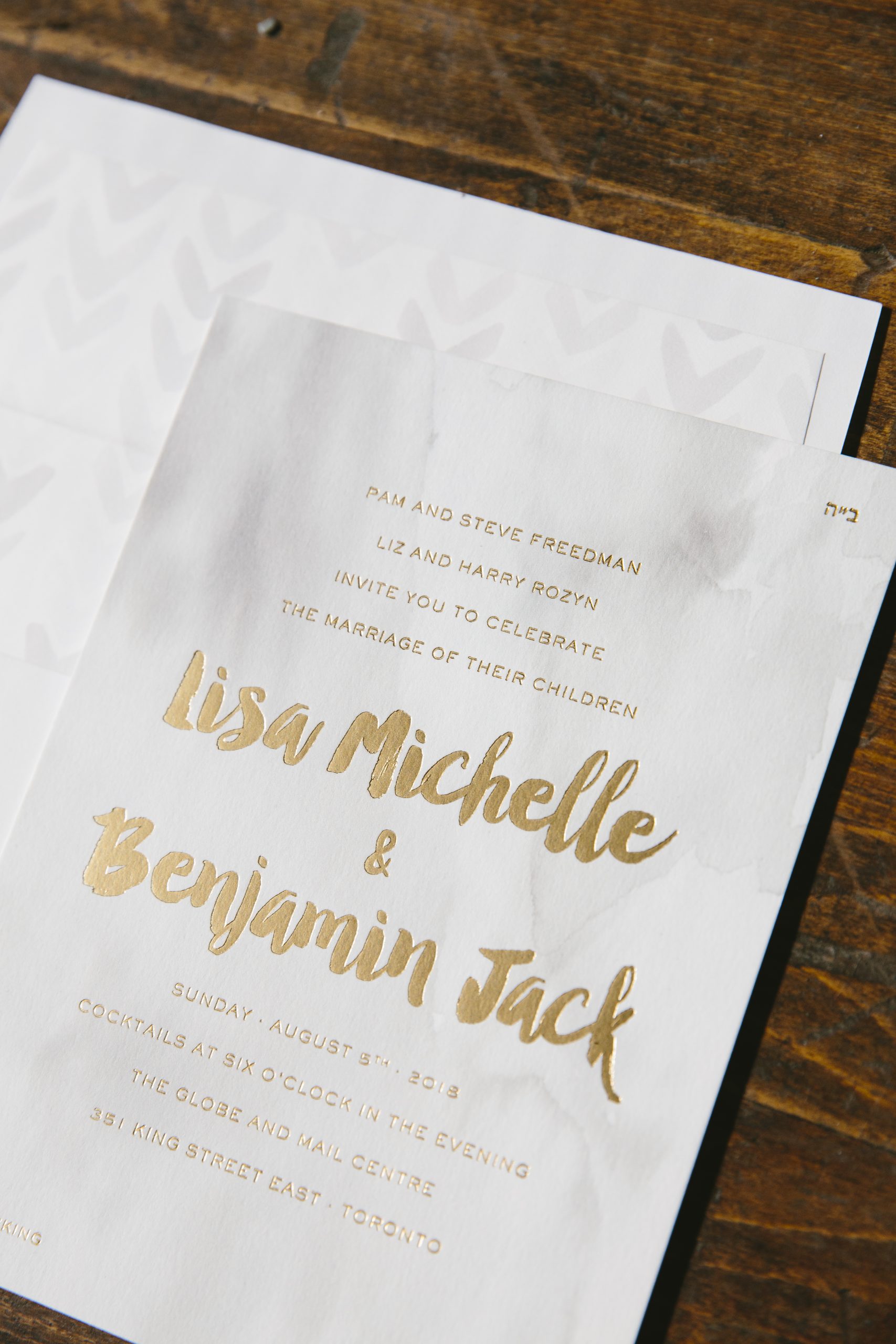 Gray watercolor wedding invitations with gold matte foil typography