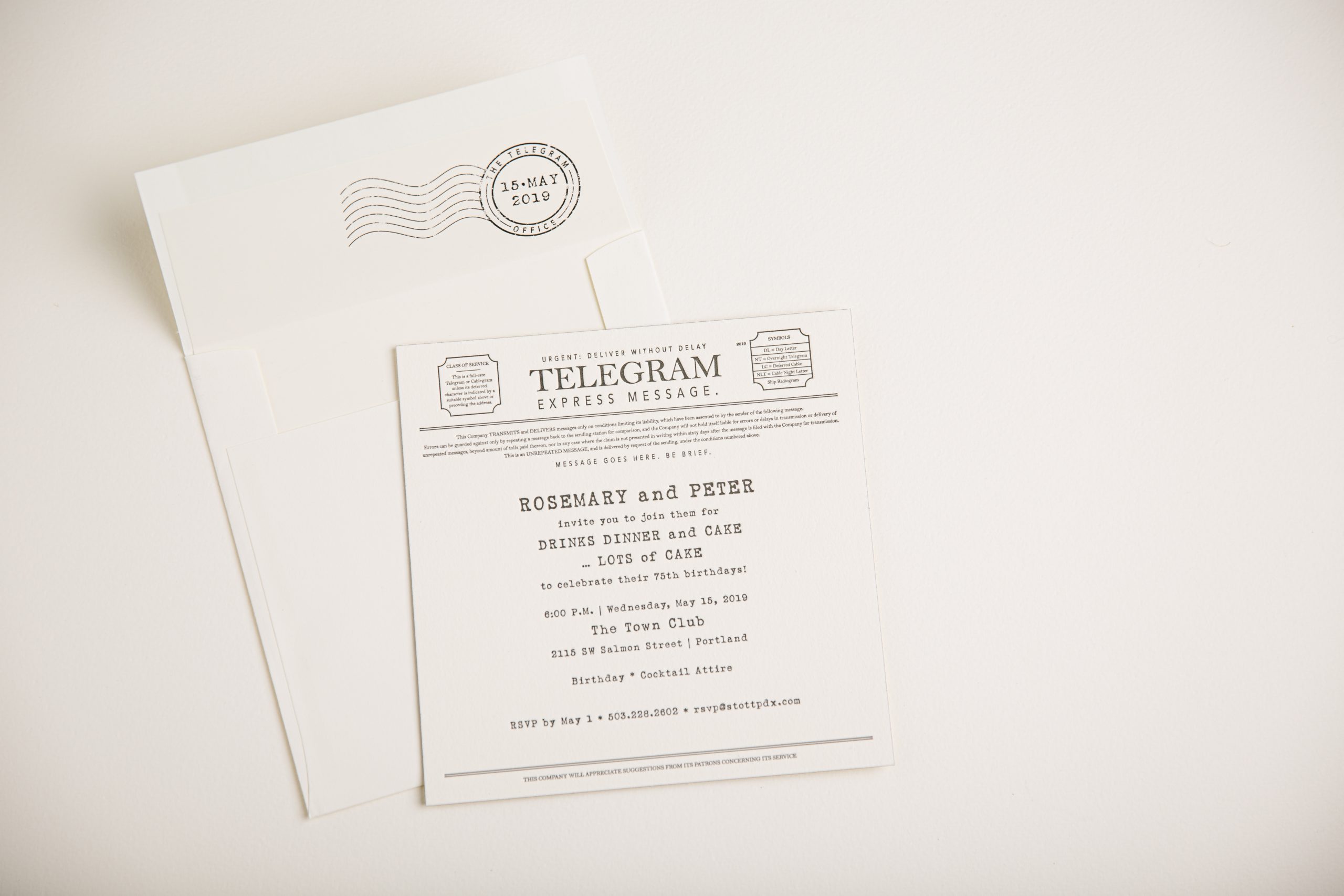 Telegram inspired invitations in black letterpress from Bella Figura