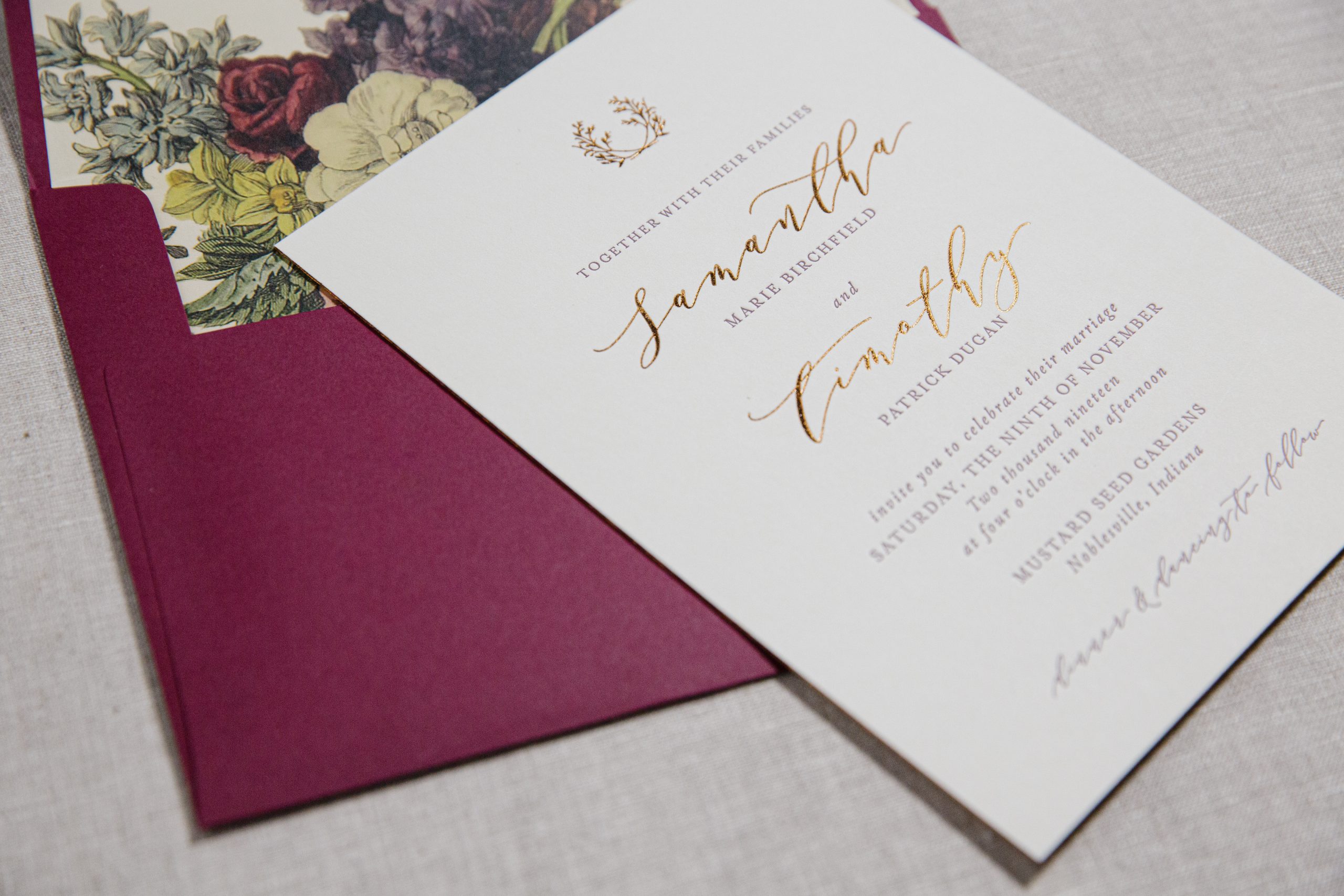 Copper foil invitations with botanical accents from Bella Figura