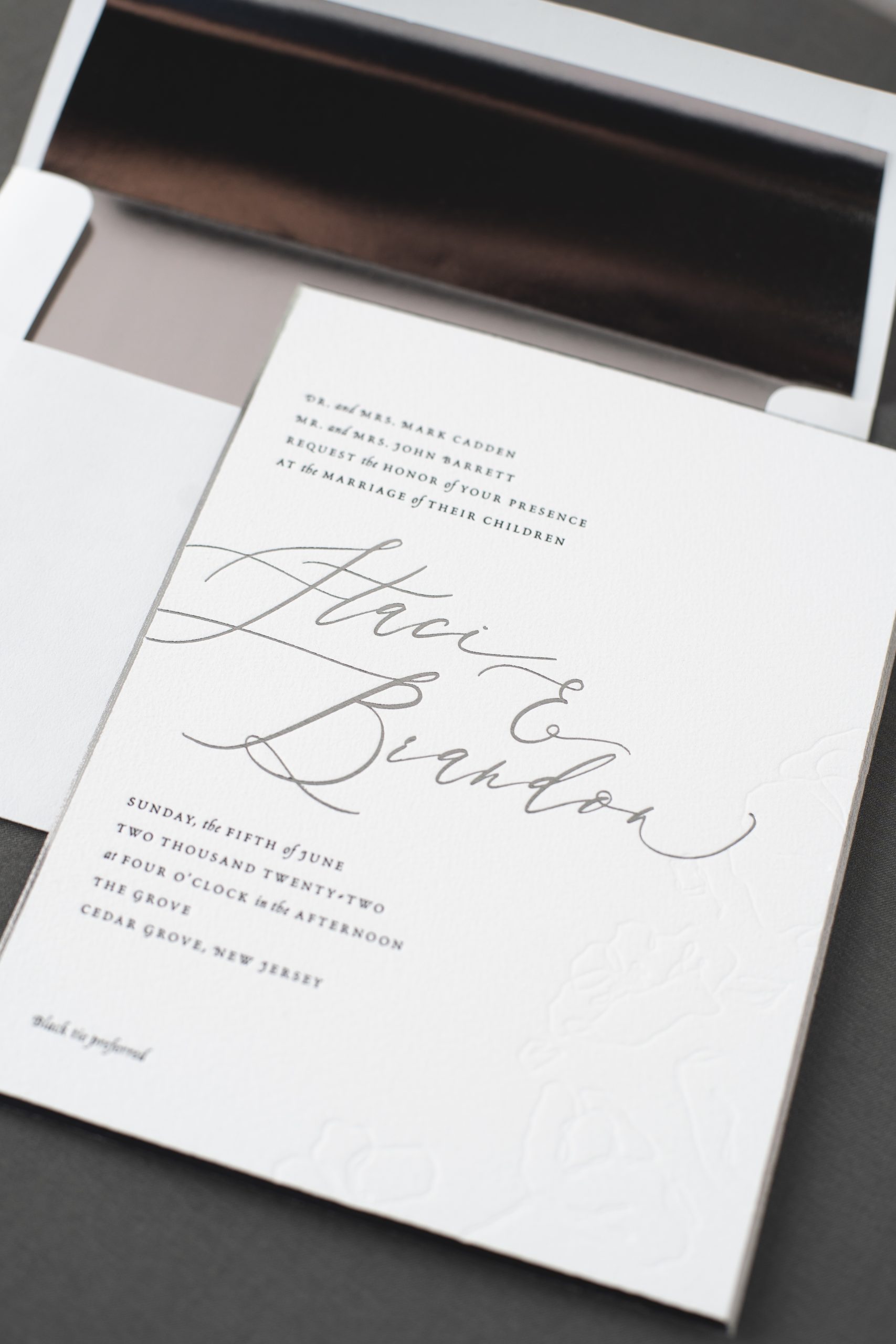 Beveled and Debossed Platinum Wedding Invitations - Bella Figura